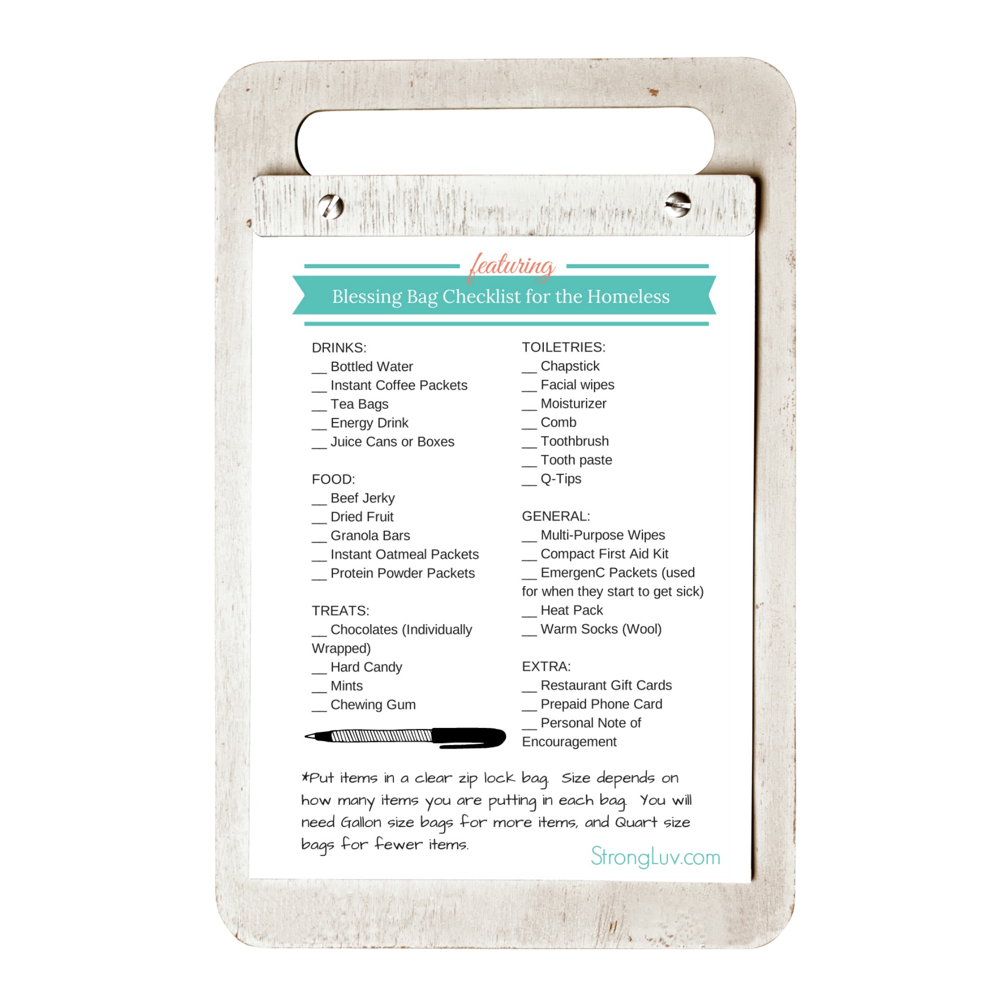 blessing bag checklist for the homeless printable on clipboard